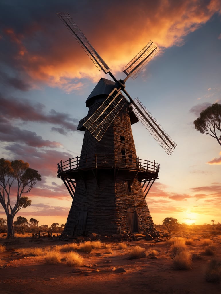 Lumenor AI Image Generation - australian outback windmill sunset