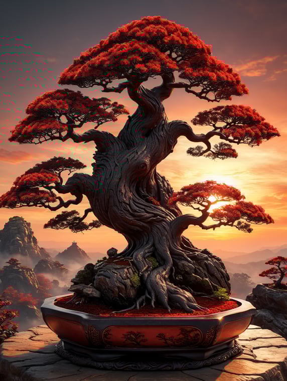 Premium Free ai Images | bonsai tree in sunset light only red and black ...