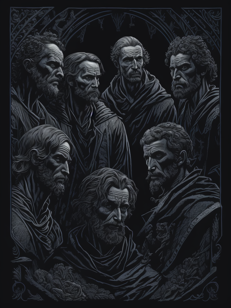 Lumenor AI Image Generation - an award winning linocut four men of the ...