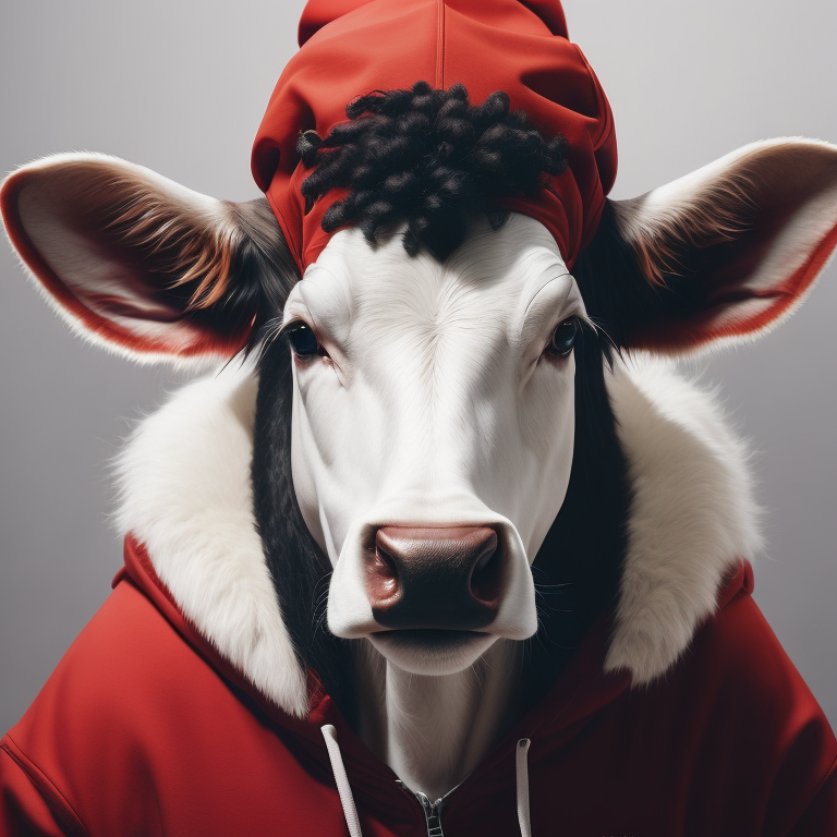 Lumenor AI Image Generation - hip hop white cow portrait in red hoodie ...