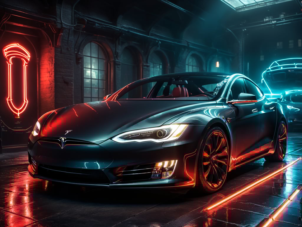 Premium Free ai Images | highly detailed clean tesla car with neon ...