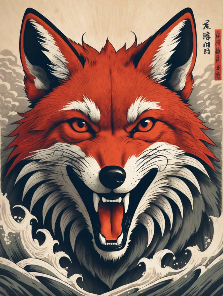 Premium Free ai Images | an snarling nine tailed red fox in japanese ...