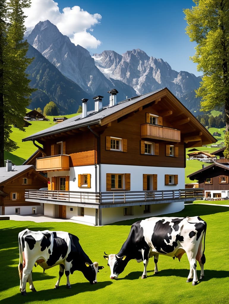 Premium Free ai Images | mountain austrian chalet modern tyrol cows ...
