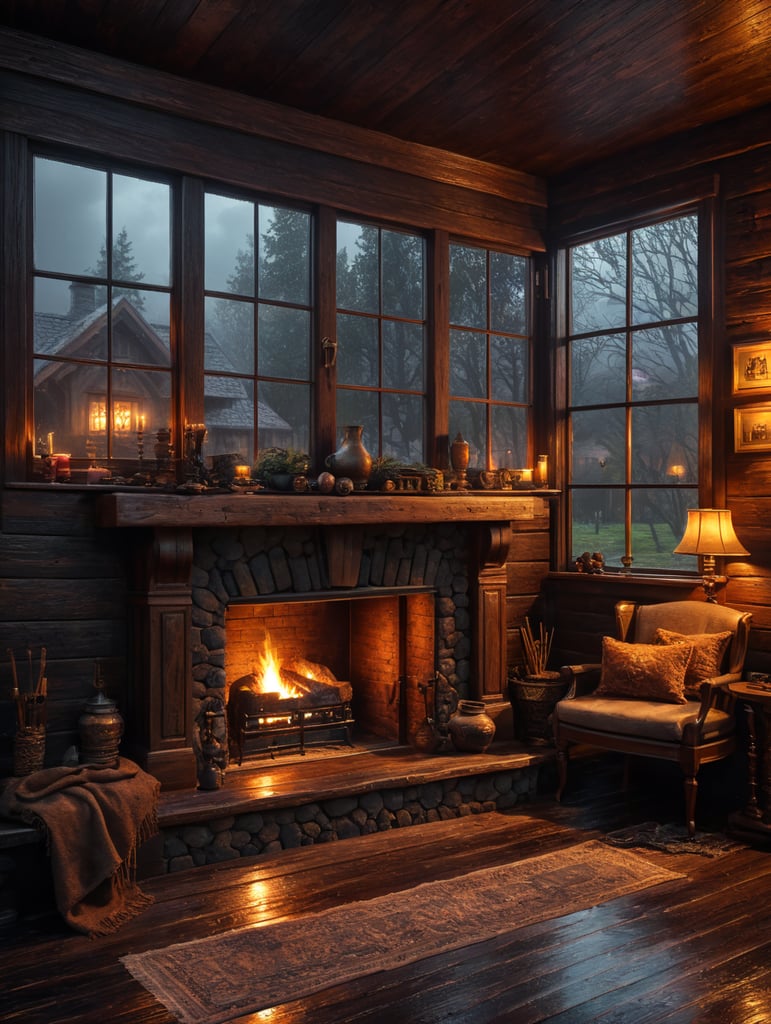 Premium Free ai Images | warm cozy nice decor wood house raining ...