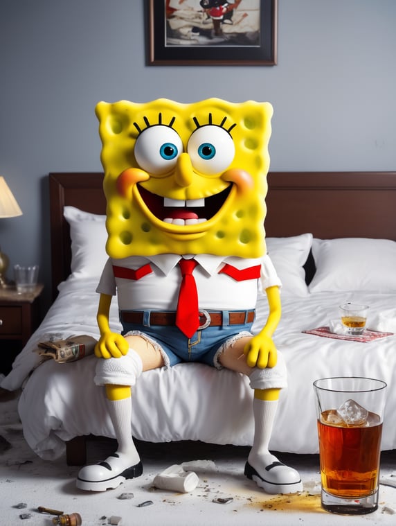 Premium Free ai Images | spongebob is sitting on the bed dressed only ...