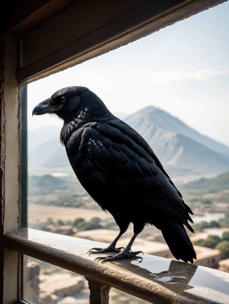 Premium Free ai Images | black crow posing on window behind it rocky ...