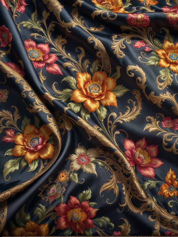 Premium Free ai Images | silk fabric with designs of flowers and some ...
