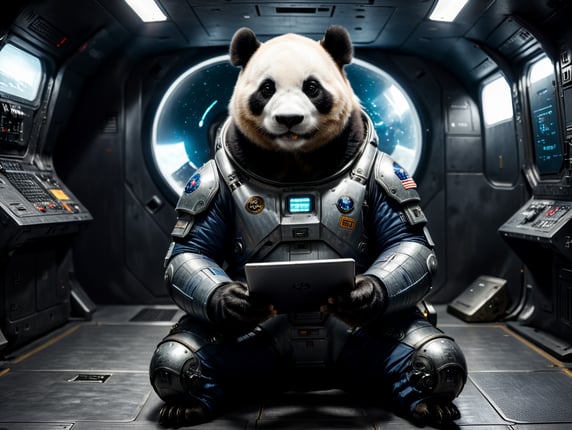 Premium Free ai Images | big panda in space suit sitting on the floor ...