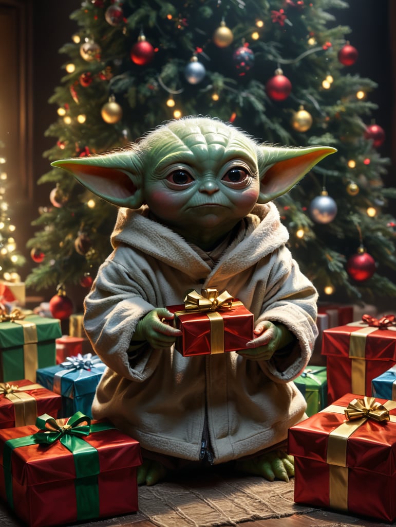 Premium Free ai Images | baby yoda at christmas opening presents