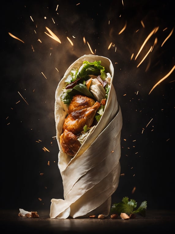 Premium Free ai Images | high quality cinematic food explosion chicken wrap