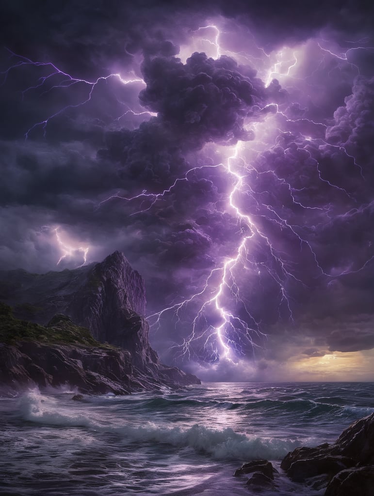 Premium Free ai Images | purple lightning and thunder over the ocean
