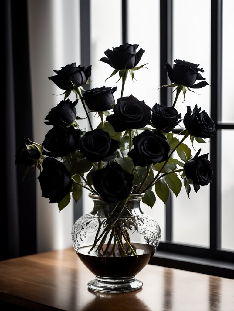 Premium Free ai Images | glass vase filled with black roses depth of ...