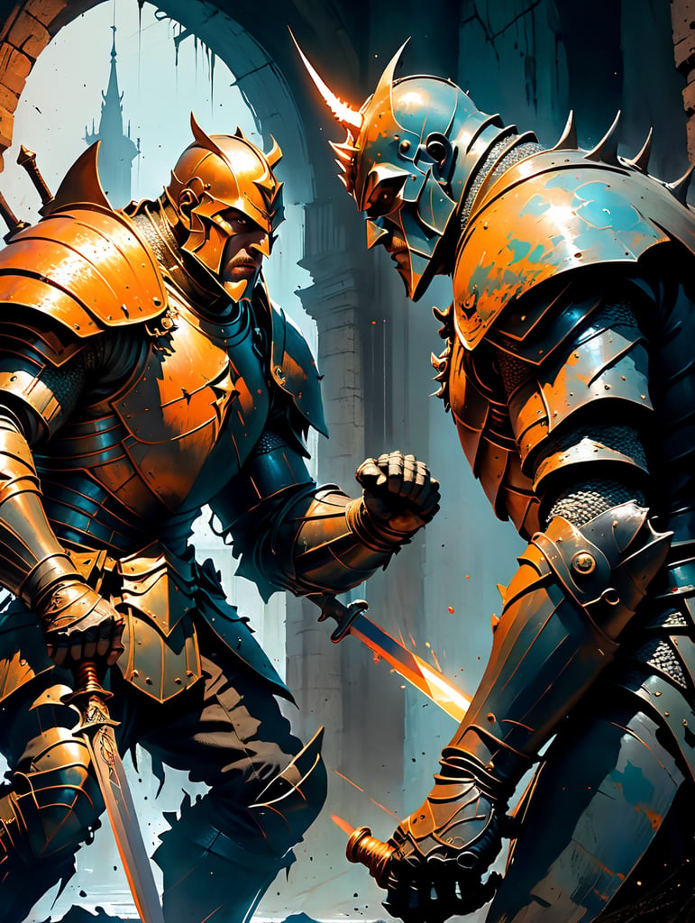 Premium Free ai Images | knight about to fight giant monster in dark ...