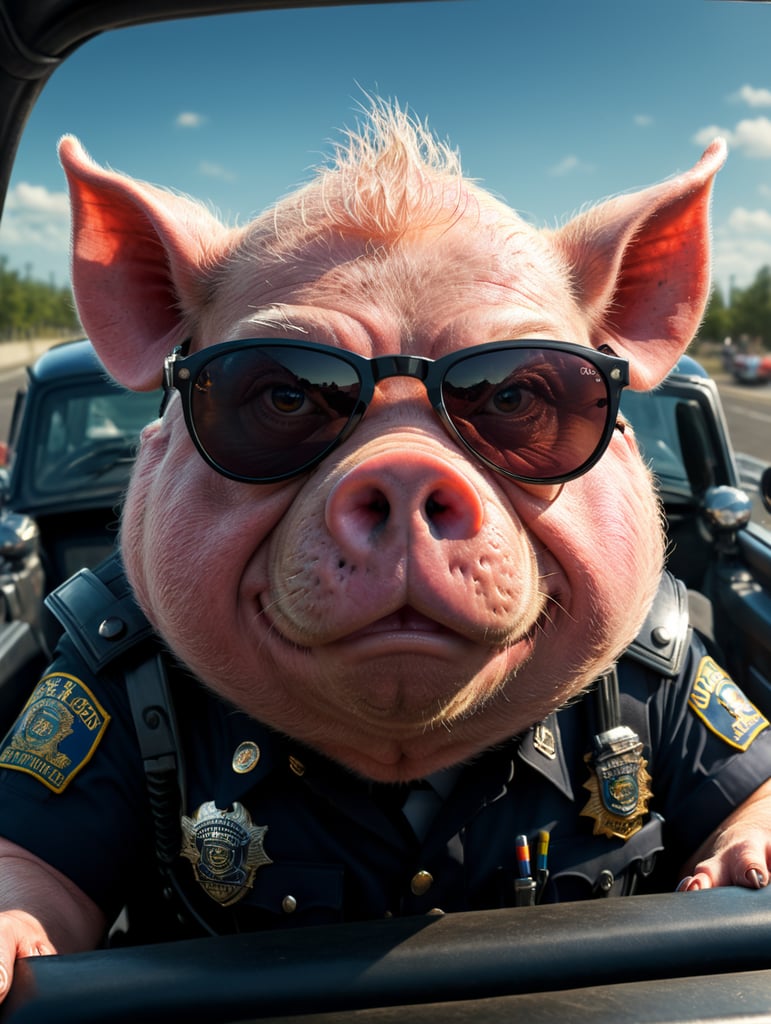 Premium Free ai Images | angry pig police officer sitting behind the ...