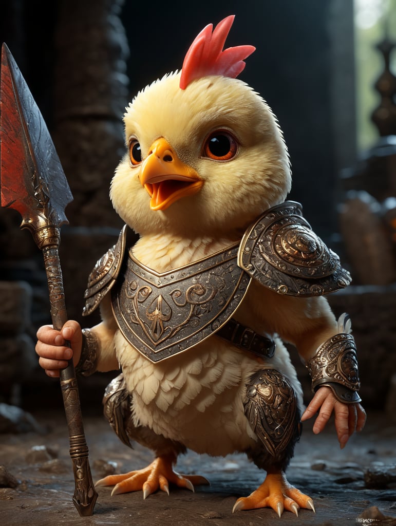 Premium Free ai Images | cartoon baby chicken with spear warrior