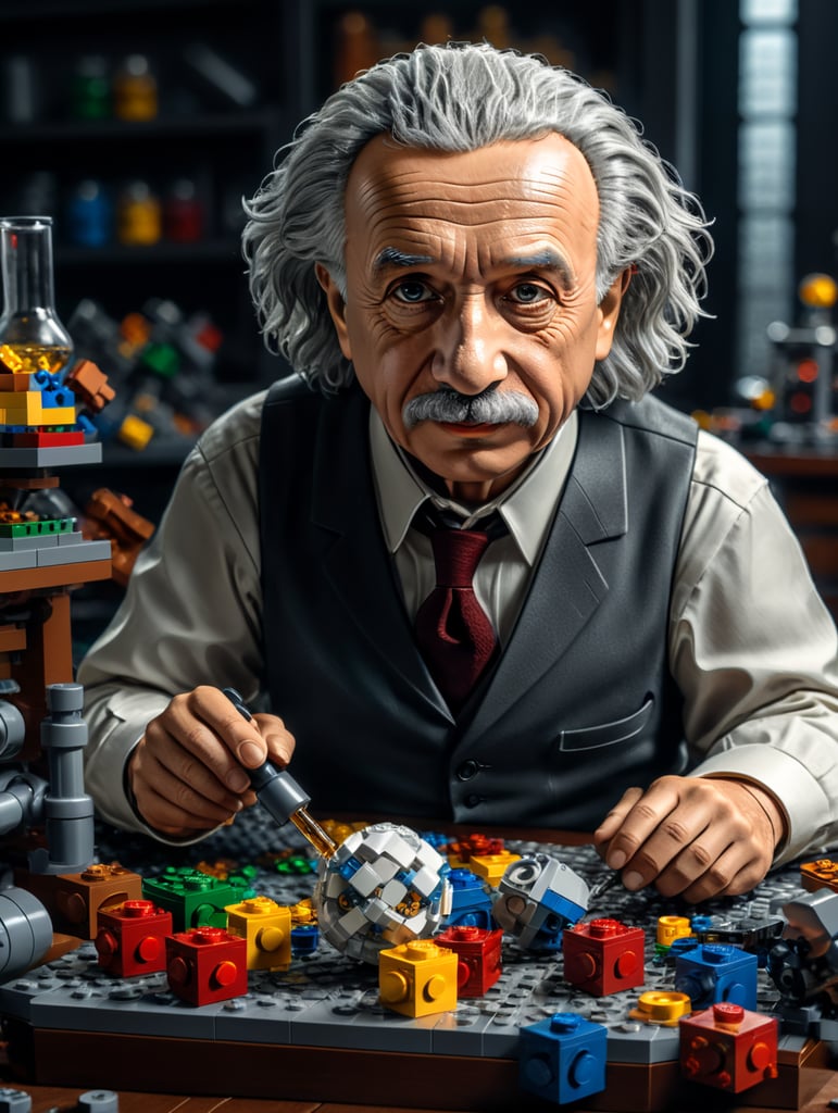 Premium Free ai Images | albert einstein in lab with some lego bricks ...
