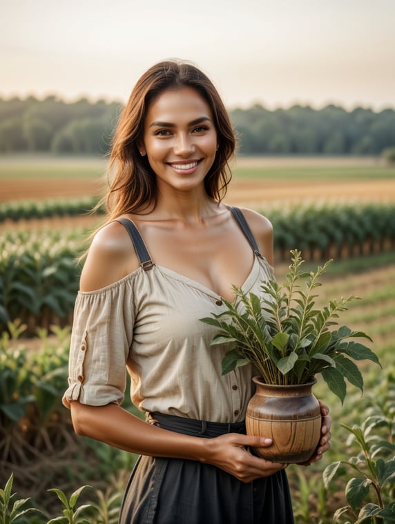 Premium Free ai Images | beautiful woman smiles and stands in farm ...