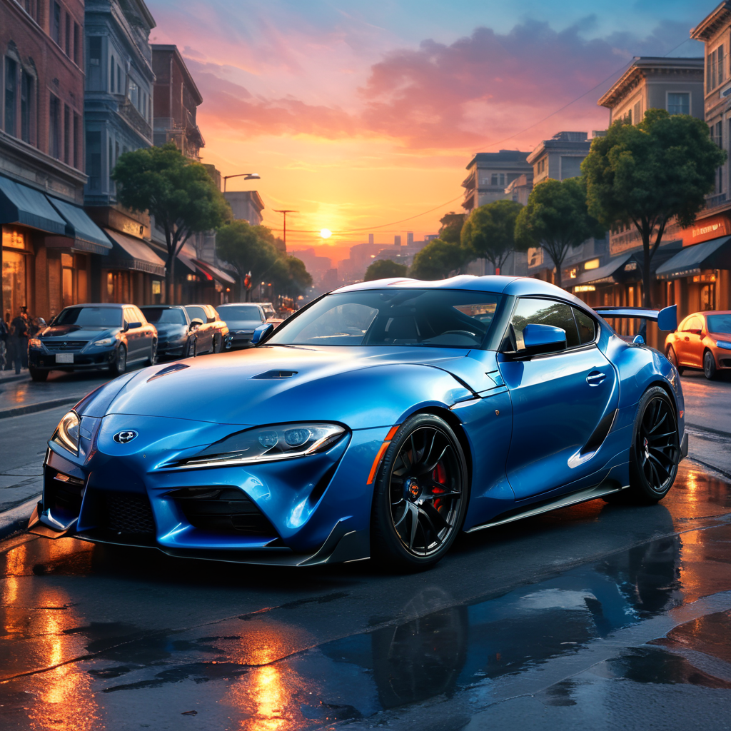 Premium Free ai Images | blue toyota supra on city street at sunset ...
