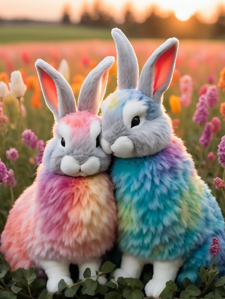 Premium Free ai Images | two tie dye rainbow fur bunnies cuddling in ...