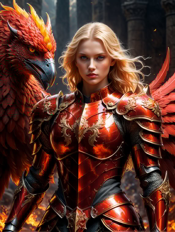 Premium Free ai Images | young blonde knight in red armour with fiery ...