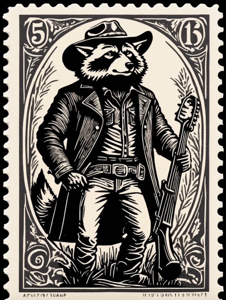 Premium Free ai Images | black and white linocut postage stamp old wolf ...