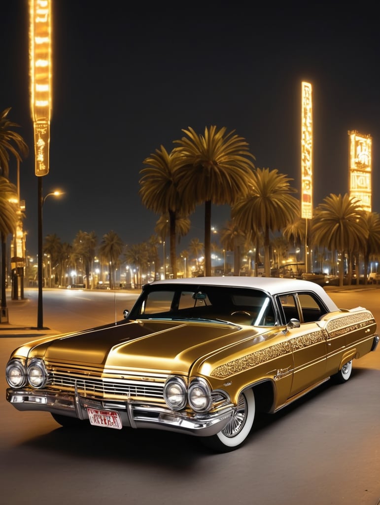 Premium Free ai Images | lowrider car golden color on by night