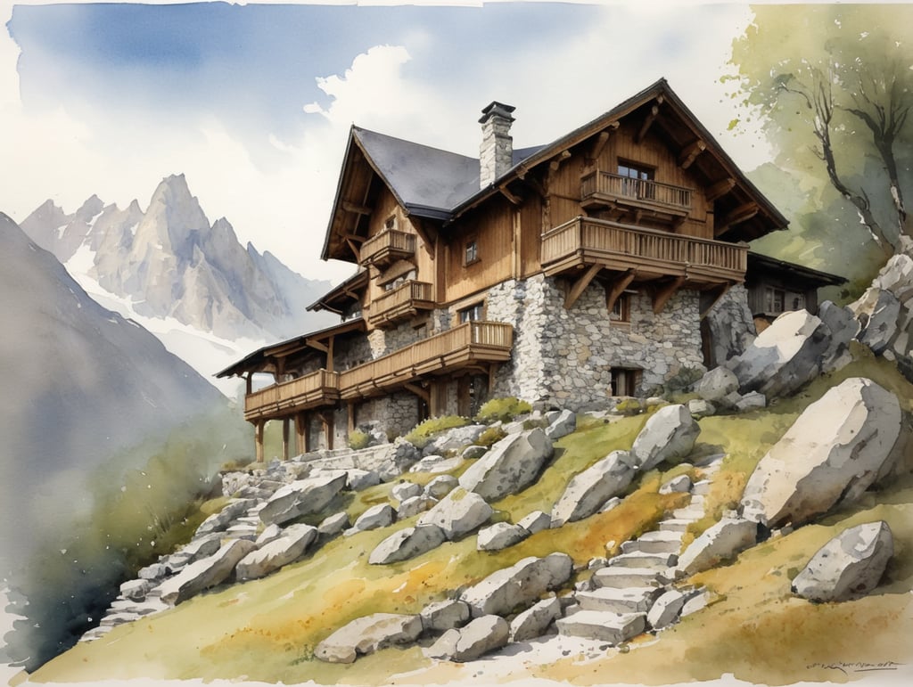 Premium Free ai Images | watercolour sketch of mountain austrian chalet ...