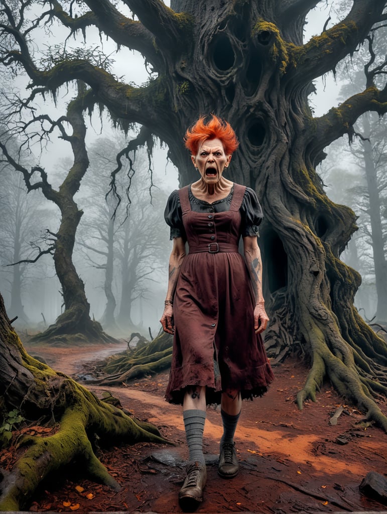 Premium Free ai Images | an old witch short and fat red hair and pale ...