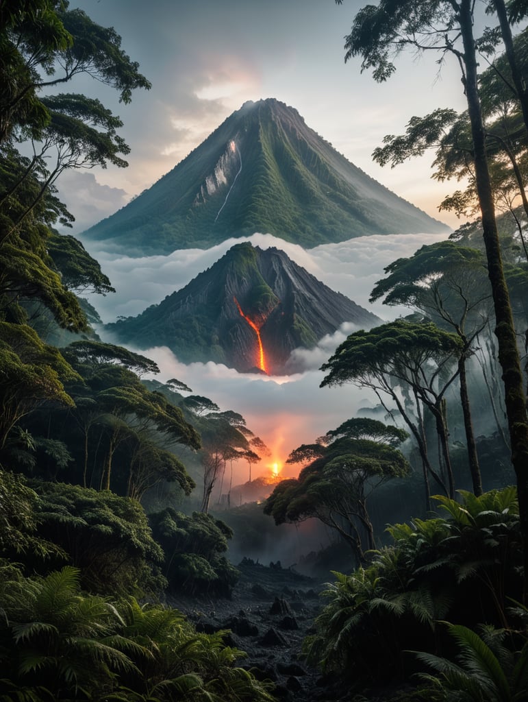 Premium Free ai Images | forest with mount merapi as well as fog and ...