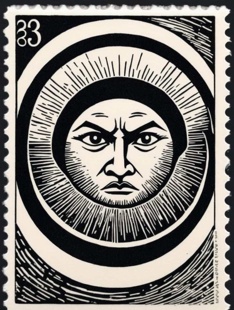 Premium Free ai Images | black and white linocut postage stamp angry ...