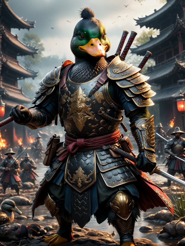 Premium Free ai Images | duck samurai battlefield hyper realistic