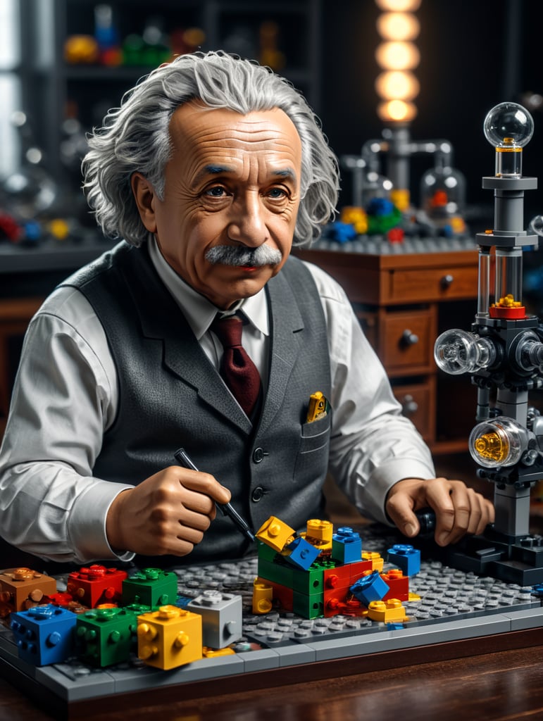 Premium Free ai Images | albert einstein in lab with some lego bricks ...