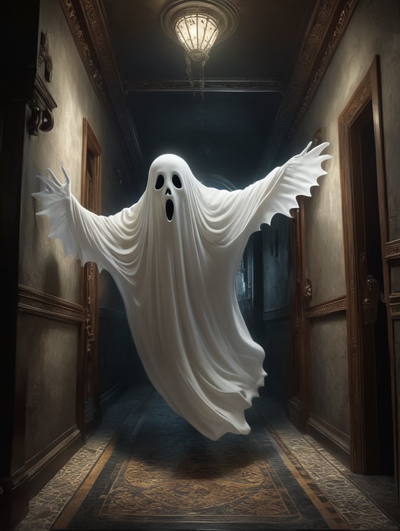 Premium Free ai Images | white friendly ghost in flying down passage ...