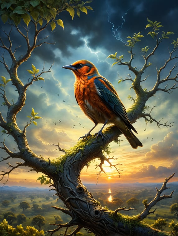 Premium Free ai Images | thorn bird sitting on the branch of thorn tree ...
