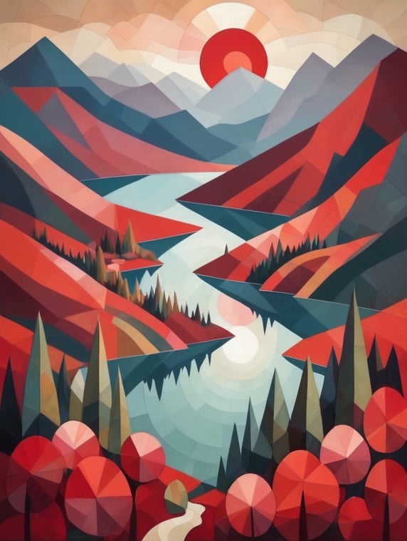 Premium Free ai Images | cubism landscape of mountains with lakes ...