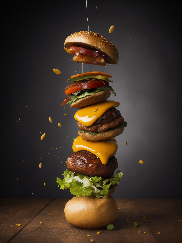 Premium Free ai Images | hamburger falling into the air with lot of ...