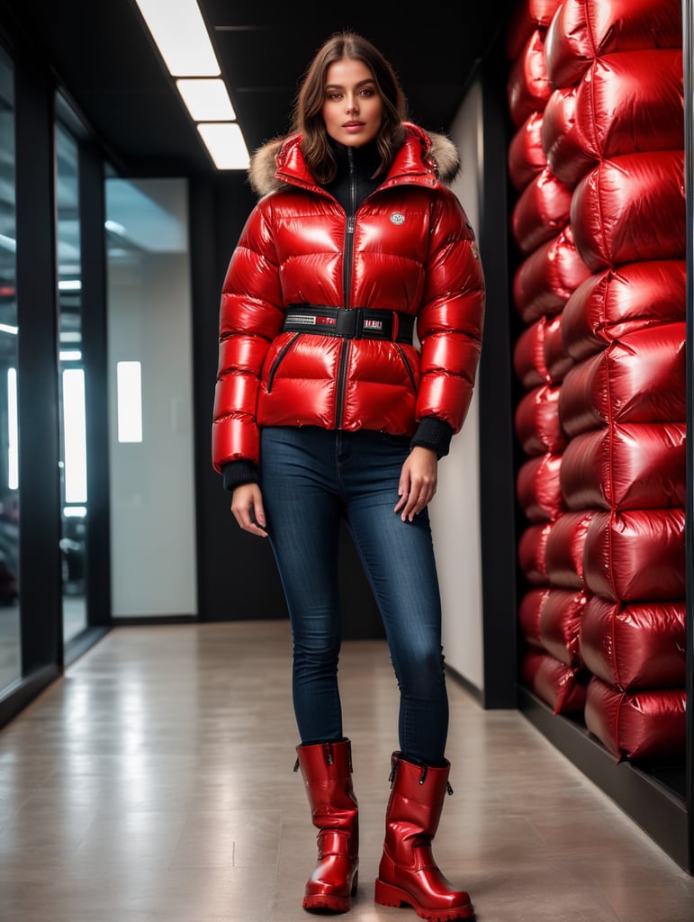 Premium Free ai Images | full body girl in red glossy puffer jacket ...