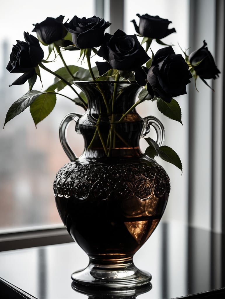 Premium Free ai Images | glass vase filled with black roses depth of ...