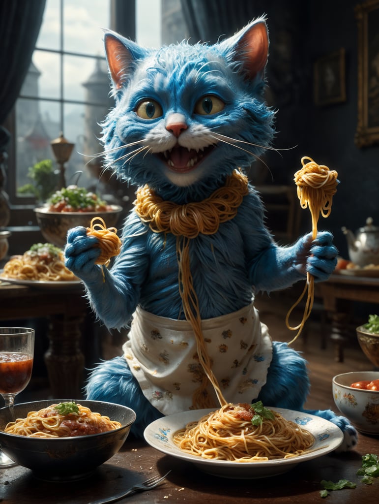 Premium Free ai Images | cat smurf wearing dress and eating spaghetti