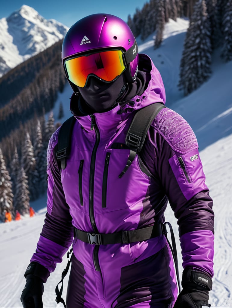 Premium Free ai Images | bright violet color ski suit commercial shoot ...