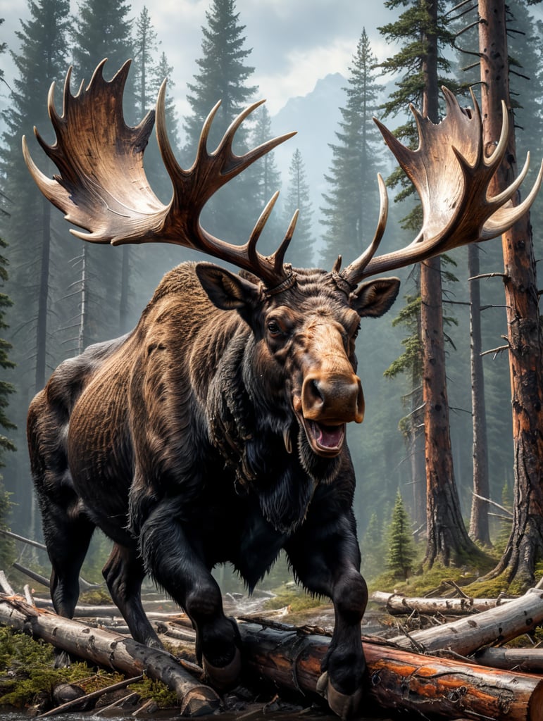 Premium Free ai Images | large bull moose harnessed to skidding logs