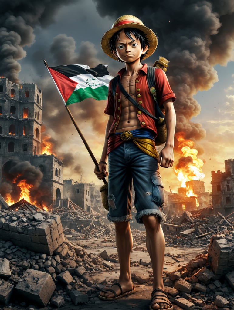 Premium Free ai Images | luffy one piece solidarity with palestine city ...