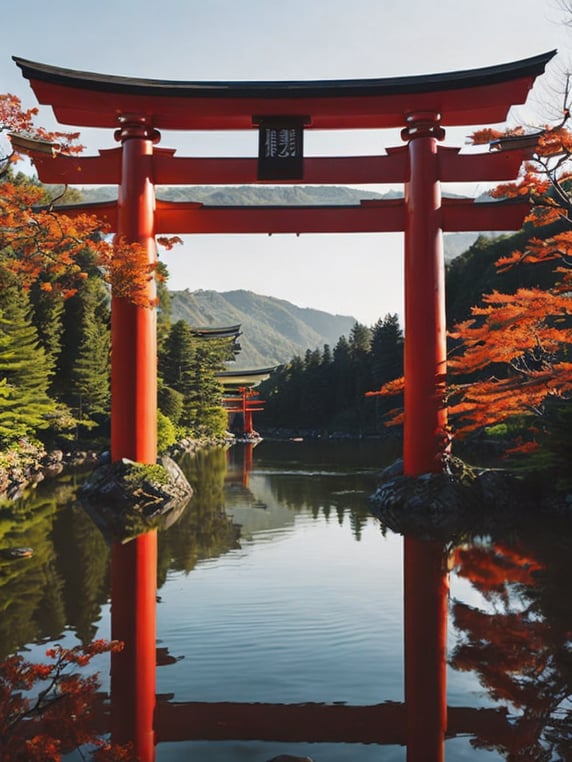 Premium Free ai Images | red torii gate in middle of lake dense forest ...