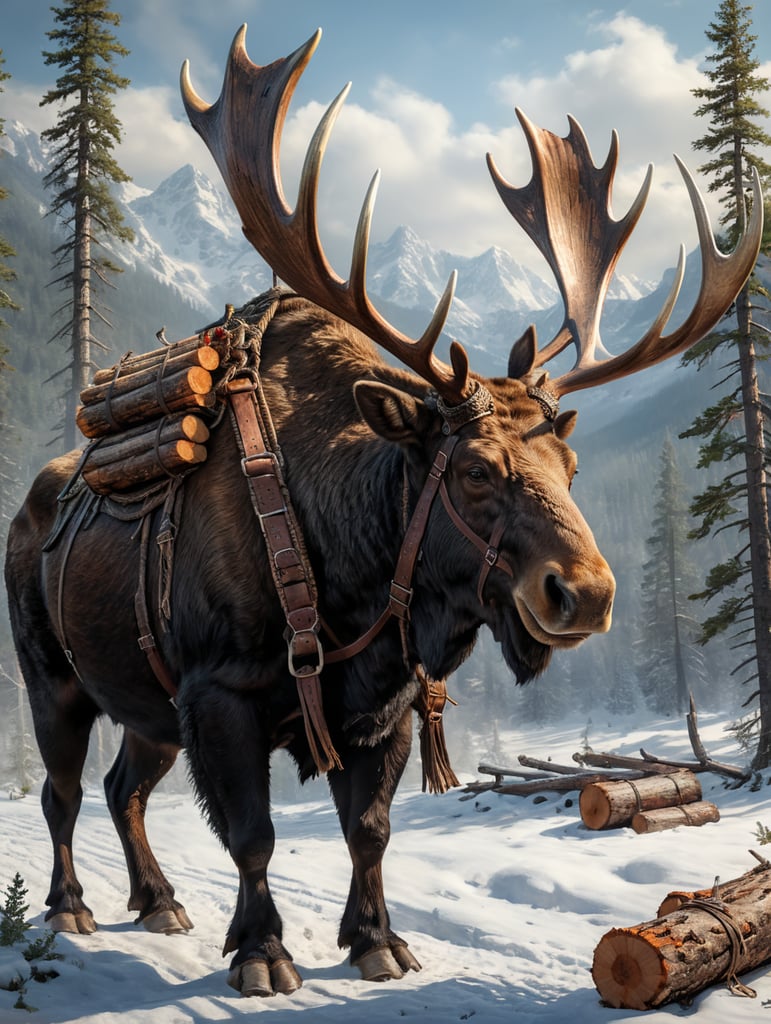 Premium Free ai Images | large bull moose harnessed with leather straps ...