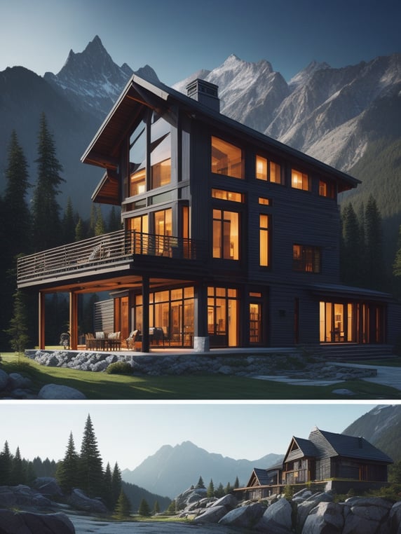 Premium Free ai Images | watercolour sketch of modern mountain timber ...