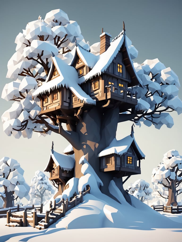 Premium Free ai Images | dwarves house on branching tree lot of snow ...