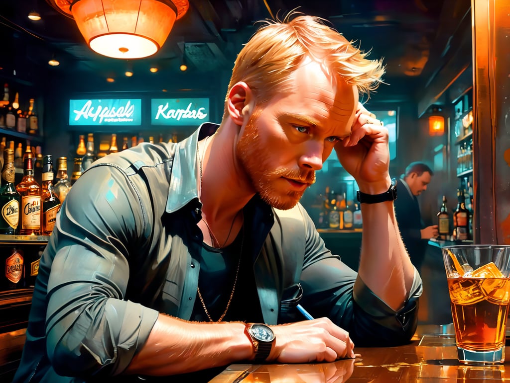 Premium Free ai Images | paul bettany down on his luck drinking scotch ...