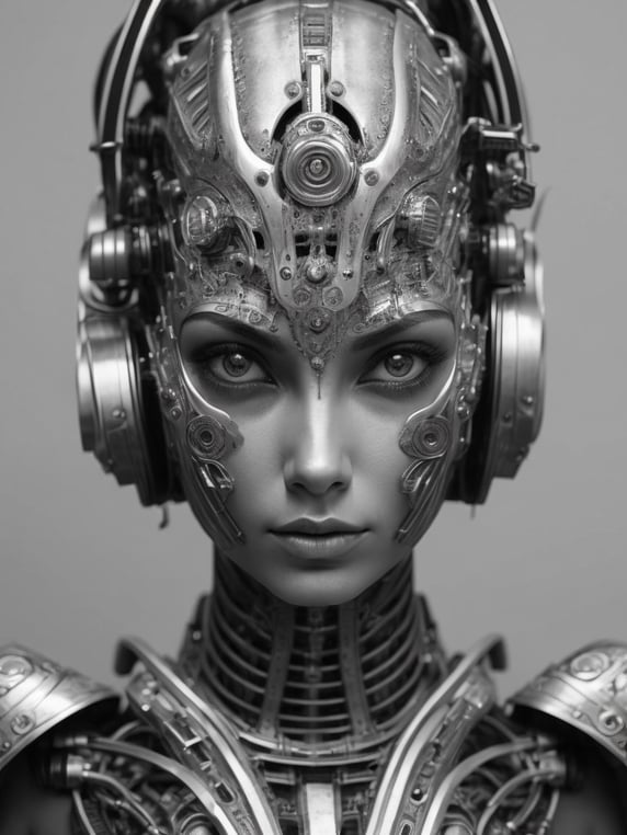 Premium Free ai Images | female robot giger style black and white high ...