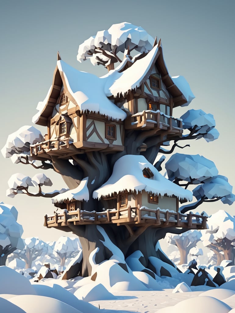 Premium Free ai Images | dwarves house on branching tree lot of snow ...