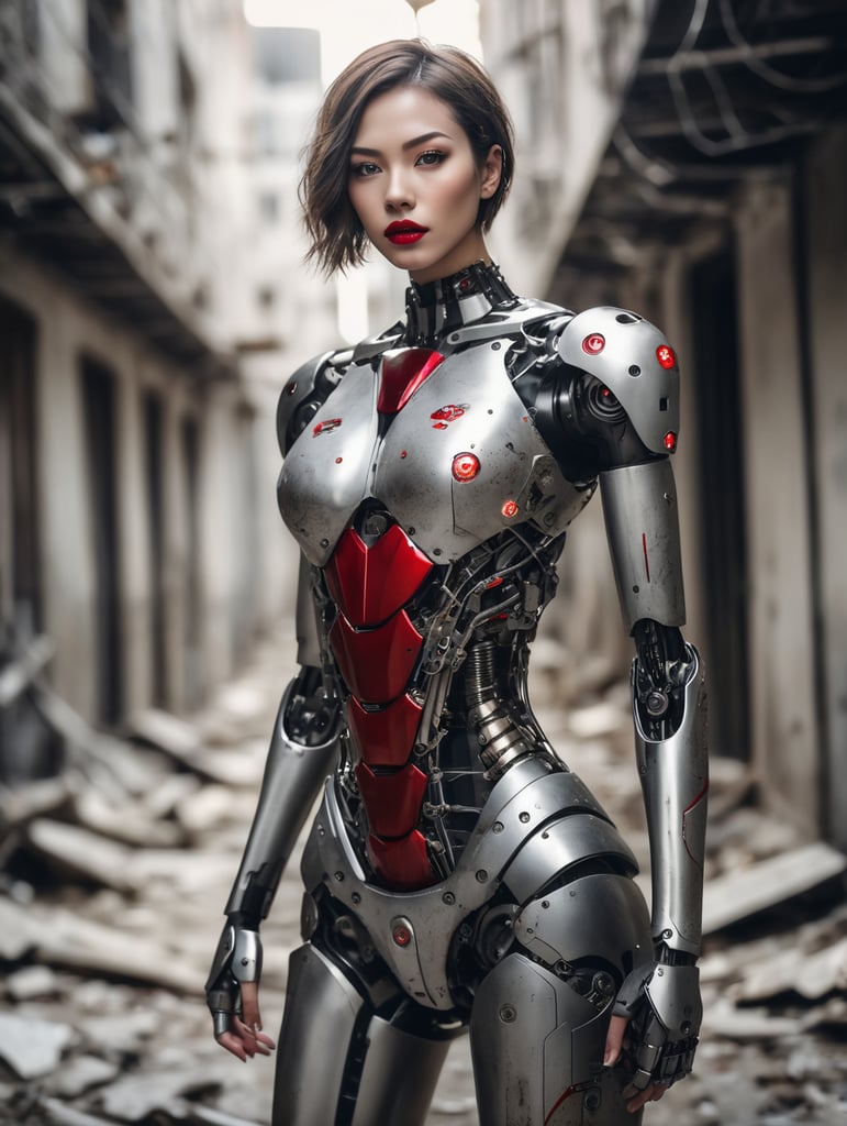 Premium Free ai Images | photo of slender female cyborg with red lips standing in an abandoned ...